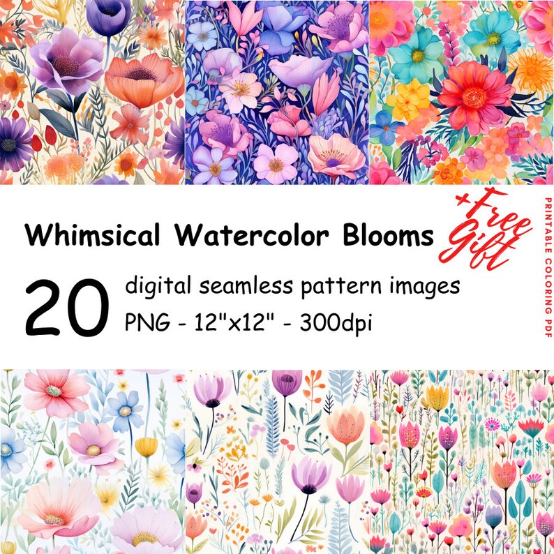 Whimsical Watercolor Blooms - 20 Seamless PNG, Floral Paper, Flowers Digital Paper, Flowers ...