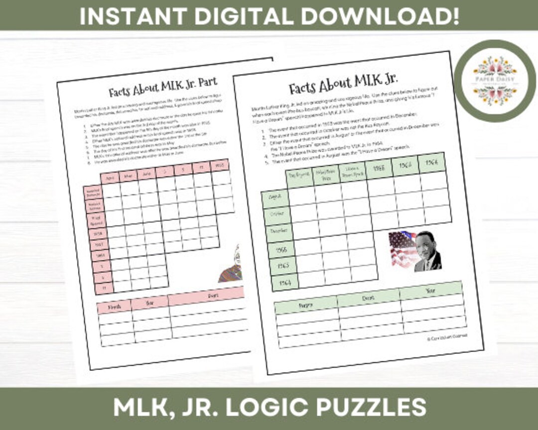 MLK, Jr. Logic Puzzle - Matin Luther King Jr. Printable - Kids - Family ...