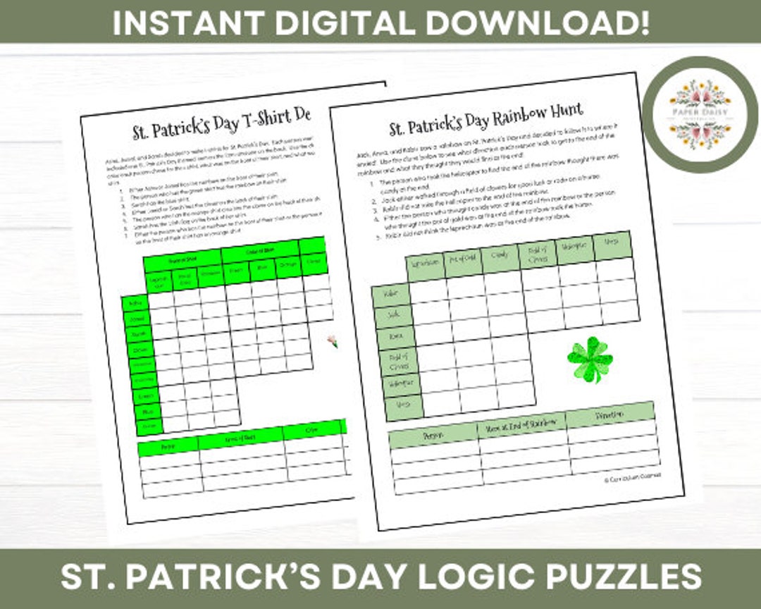 St. Patrick's Day Logic Puzzle - St. Patrick Printable - Kids - Family ...