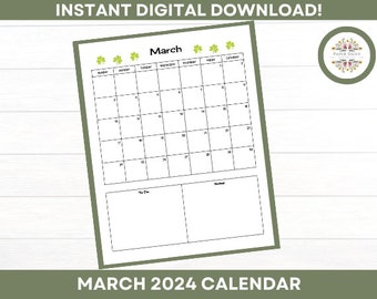 Fillable/editable March Calendar March 2024 Printable Calendar Shamrock ...