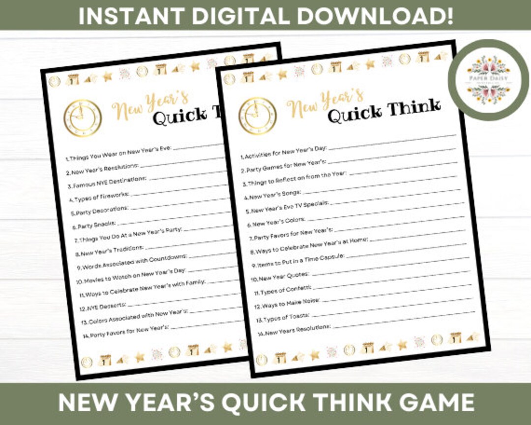 New Year Quick Think Game, Printable Games, Adults, Kids, Family ...