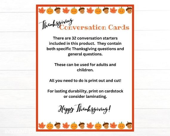 Thanksgiving Conversation Starter Cards Digital Download, Thanksgiving ...