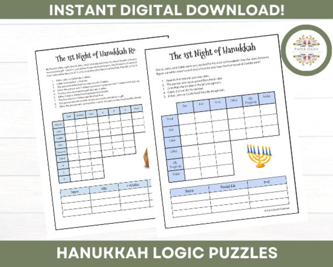 Hanukkah Logic Puzzle - Printable - Kids - Family - Adults - Icebreaker ...