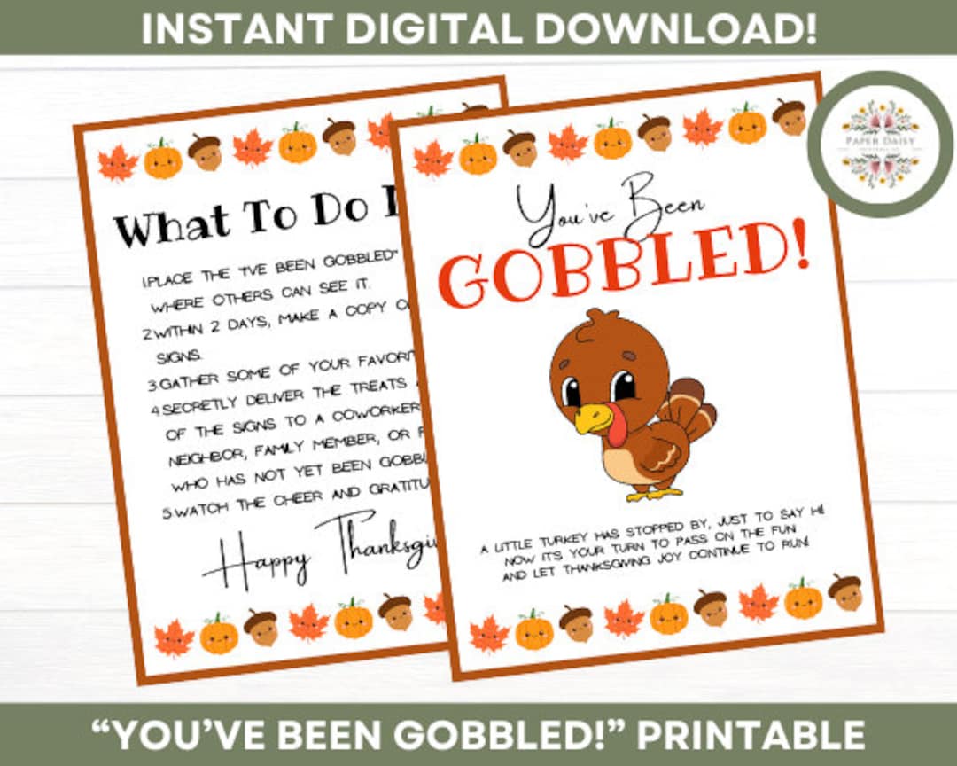 You've Been Gobbled Printable Digital Download, Thanksgiving Activity ...