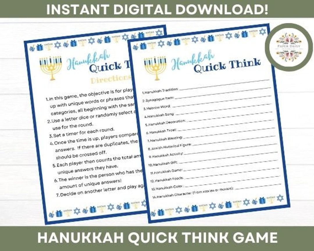 Hanukkah Quick Think Game, Printable Instant Download, Games, Adults ...