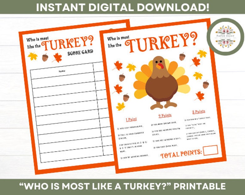 Who is Most Like the Turkey Game Thanksgiving Game Printable Family ...