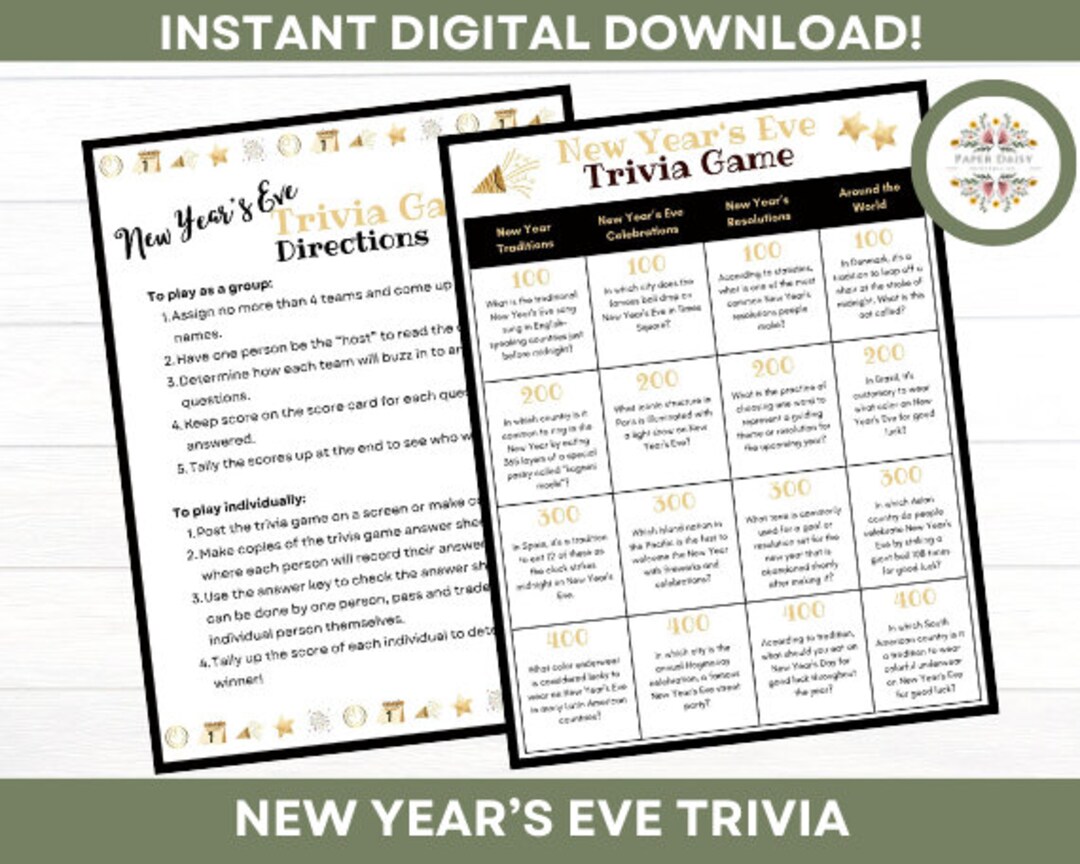 New Year's Trivia Game, Printable Activity, Coworkers, Family Party ...