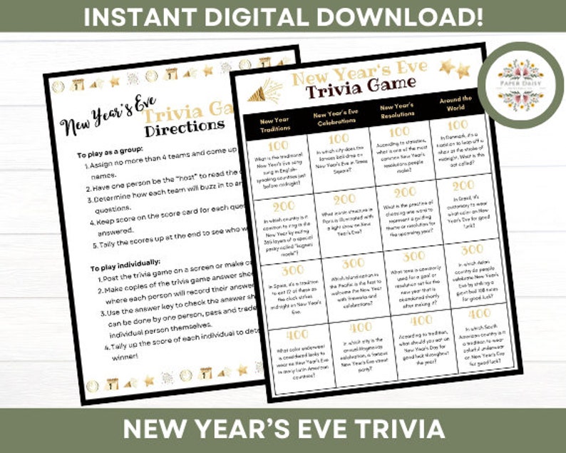 New Year's Trivia Game, Printable Activity, Coworkers, Family Party ...