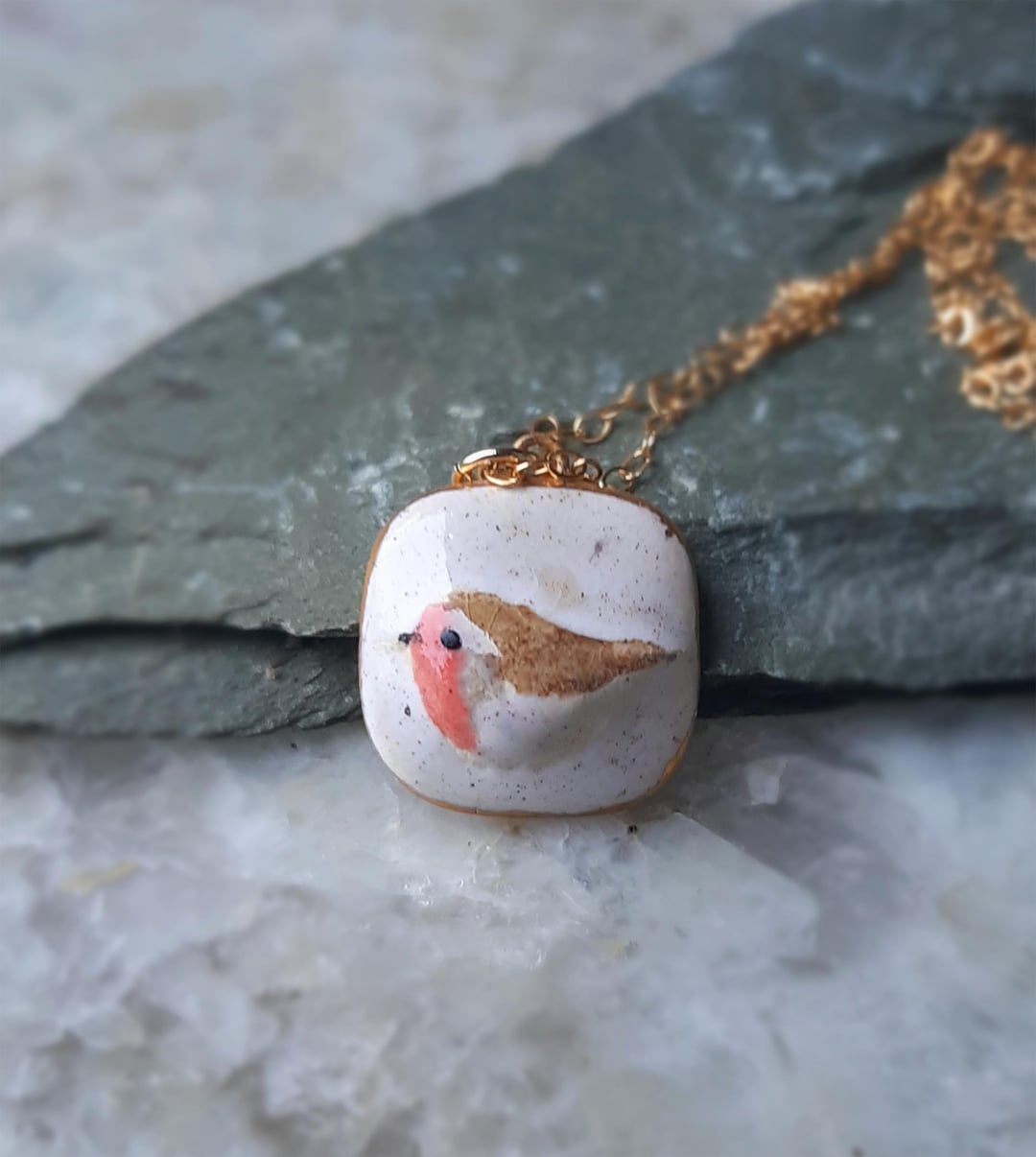 Robin Bird Pendant Necklace: Porcelain Gold Necklace, Sterling Silver ...