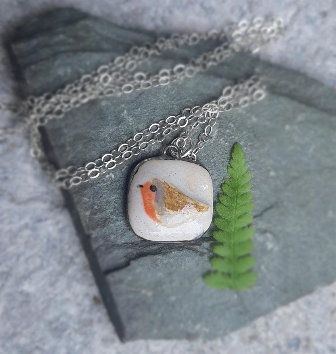 Silver Bird Necklace Porcelain Robin Pendant Charm 925 Sterling Silver ...