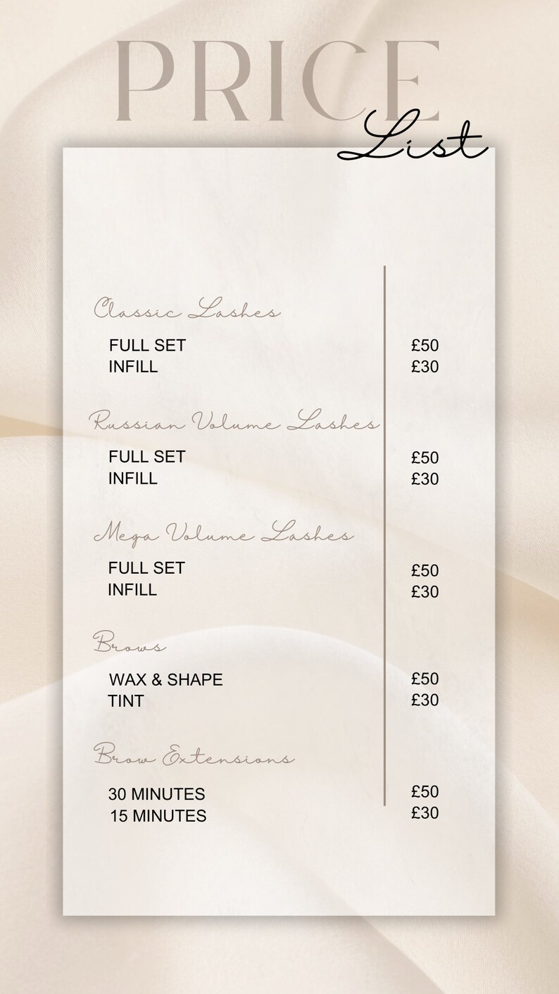 Salon Price List, Lash Tech Price List, Digital Marketing for Salons - Etsy