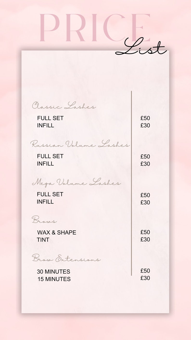 Salon Price List, Lash Tech Price List, Digital Marketing for Salons - Etsy