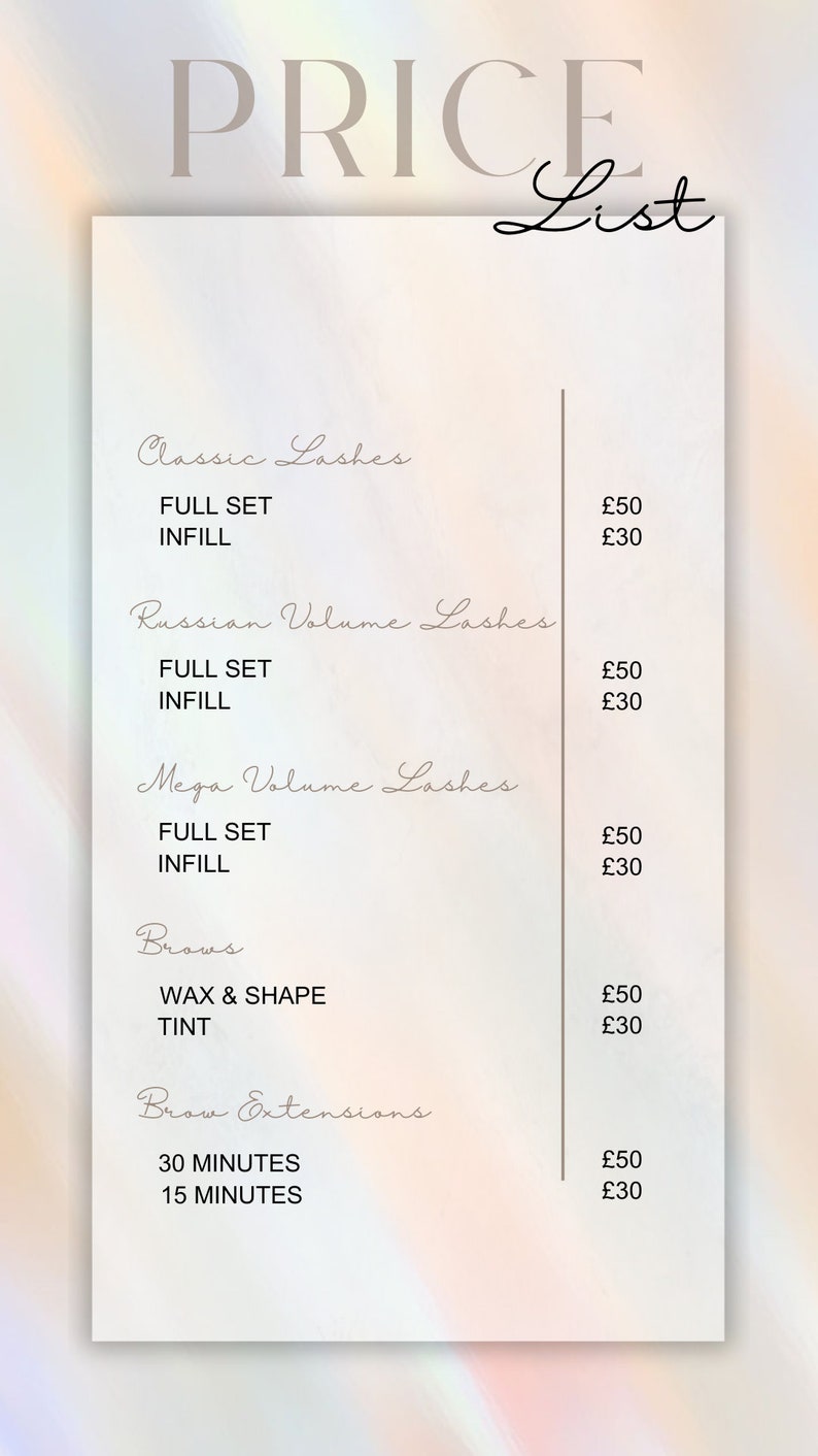 Salon Price List, Lash Tech Price List, Digital Marketing for Salons - Etsy
