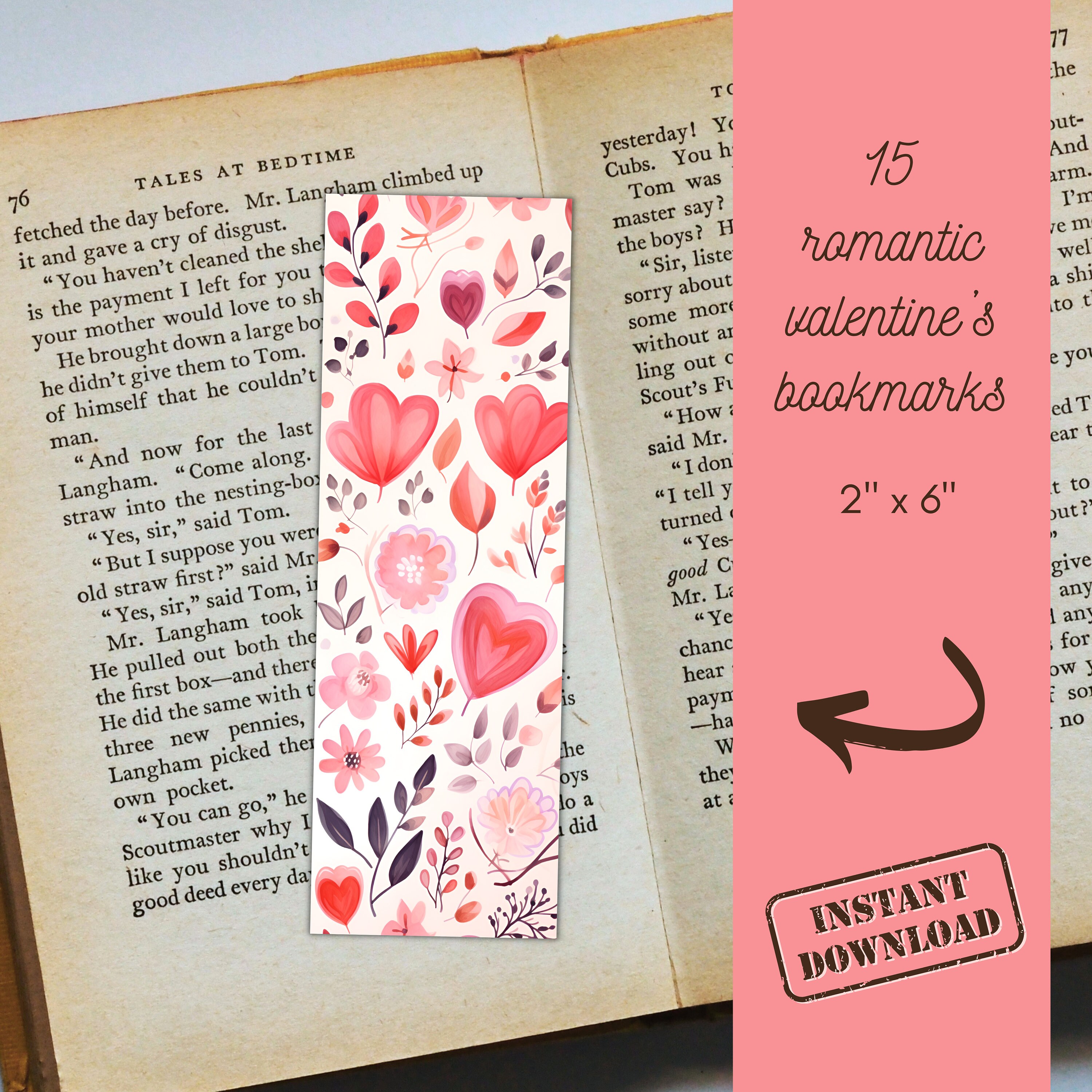 Valentine's Bookmarks Printable Booklovers Bookmarks Pink Bookmarks ...
