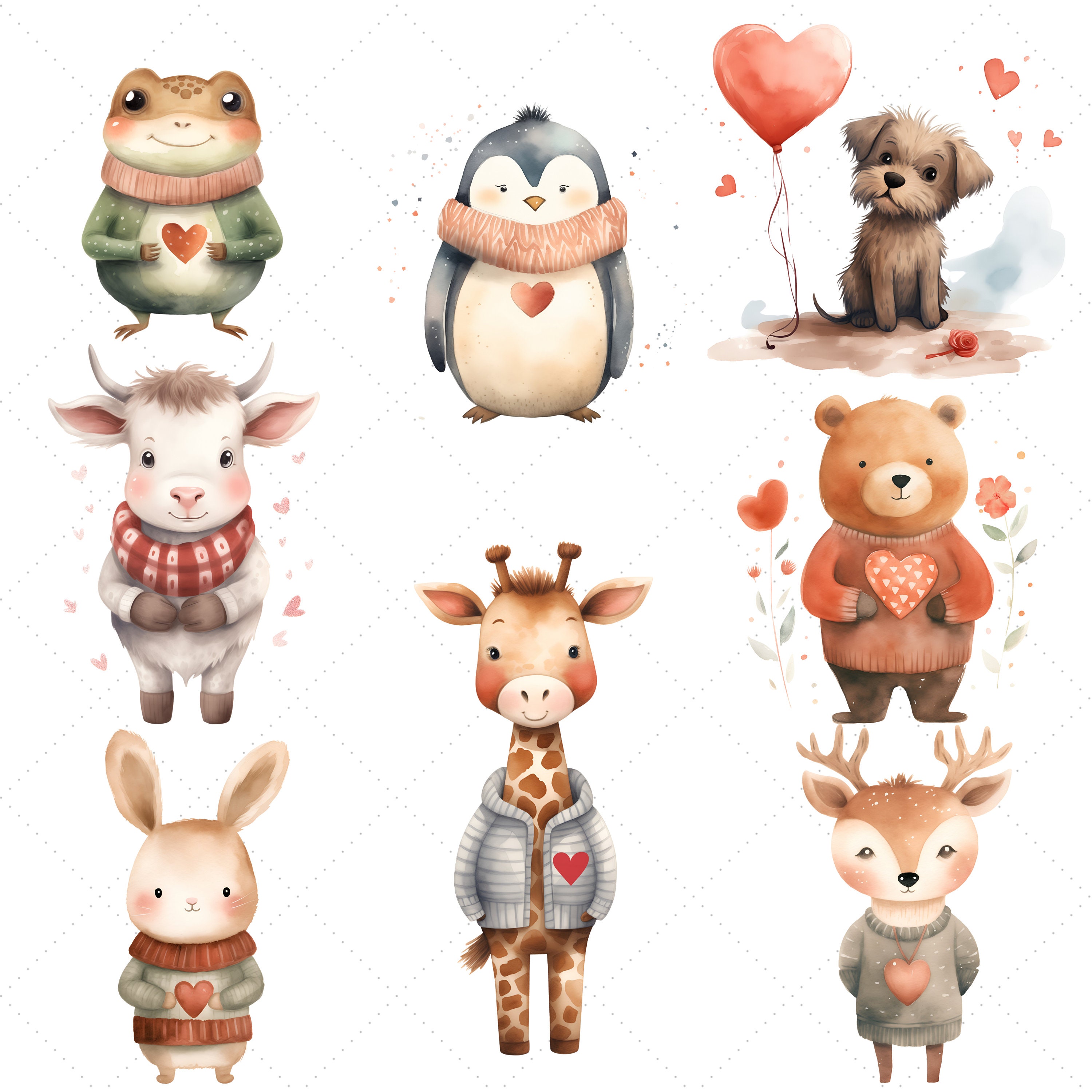 Valentine Animals Png Bundle, Watercolor Cute Animals Cliparts ...