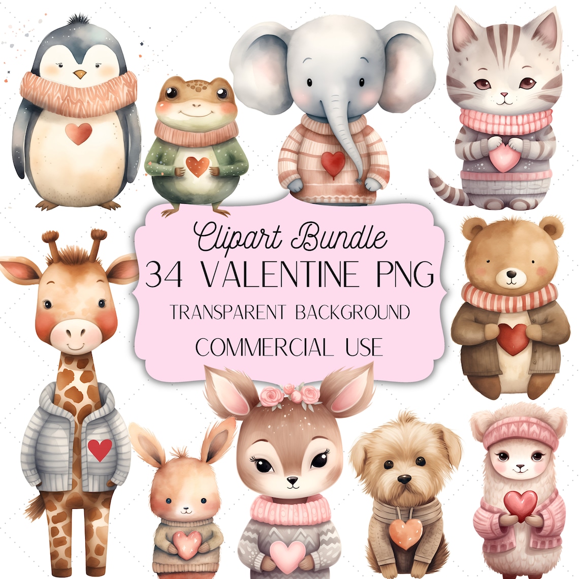 Valentine Animals Png Bundle, Watercolor Cute Animals Cliparts ...