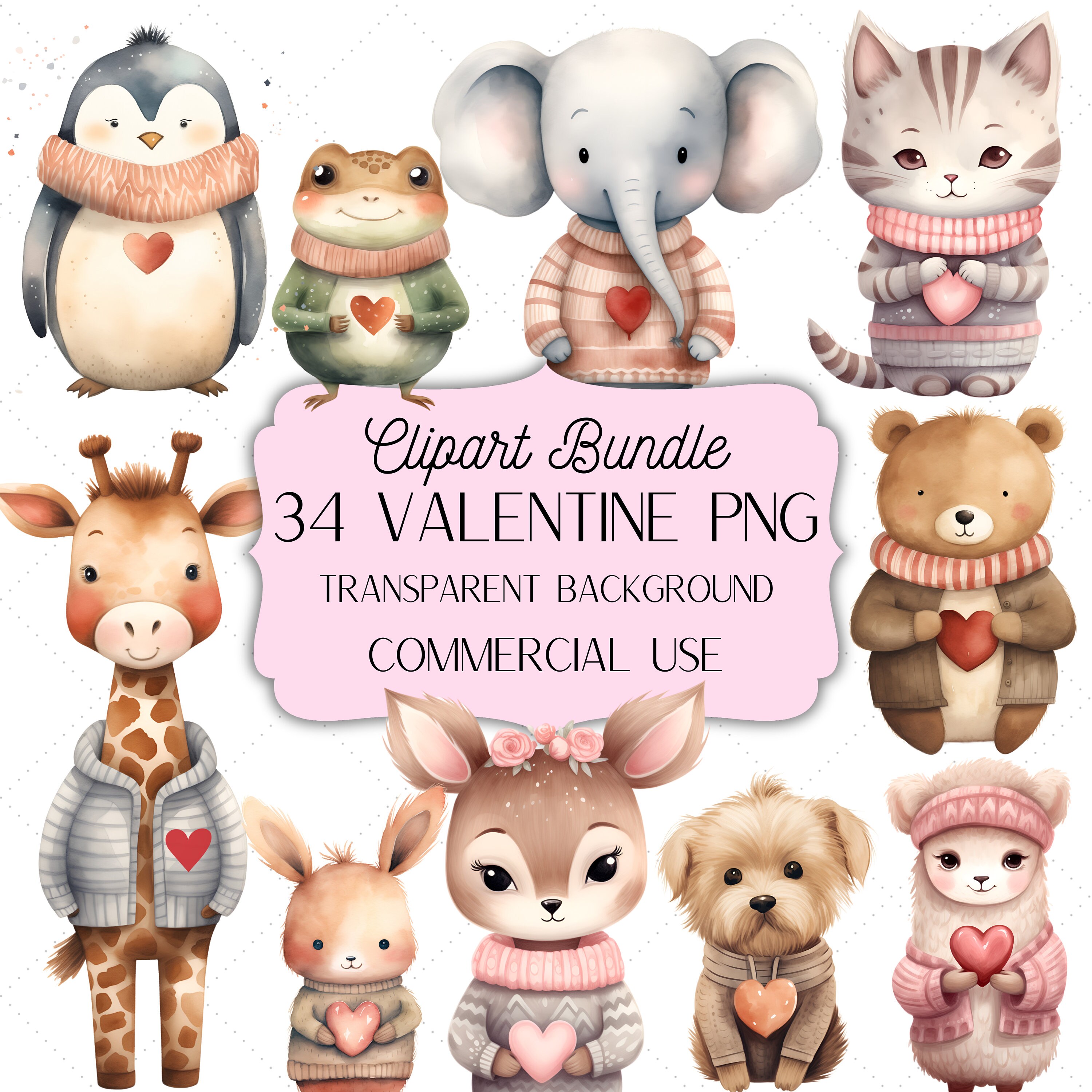 Valentine Animals Png Bundle, Watercolor Cute Animals Cliparts ...