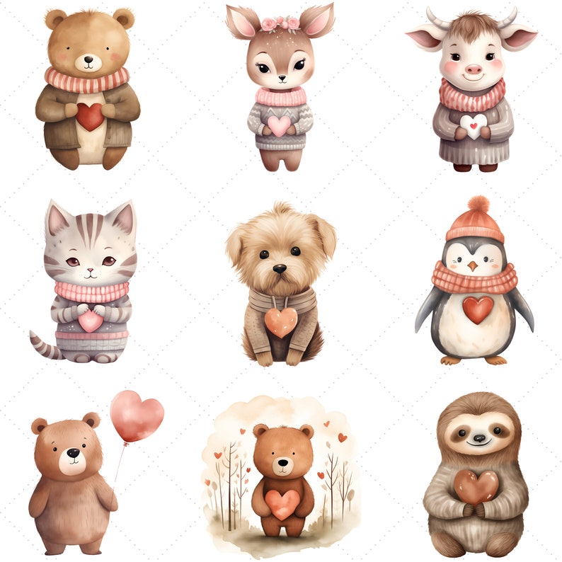 Valentine Animals Png Bundle, Watercolor Cute Animals Cliparts ...