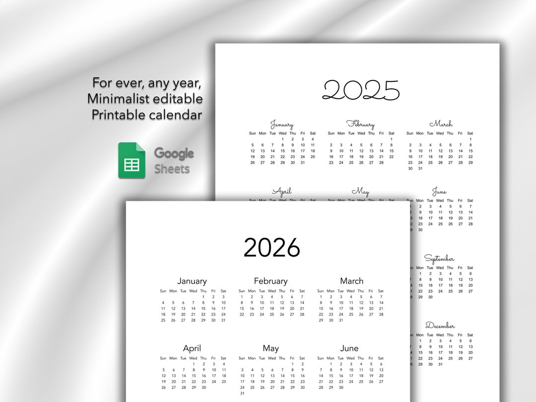 Any Year Editable Printable Minimalist Calendar Google Sheets