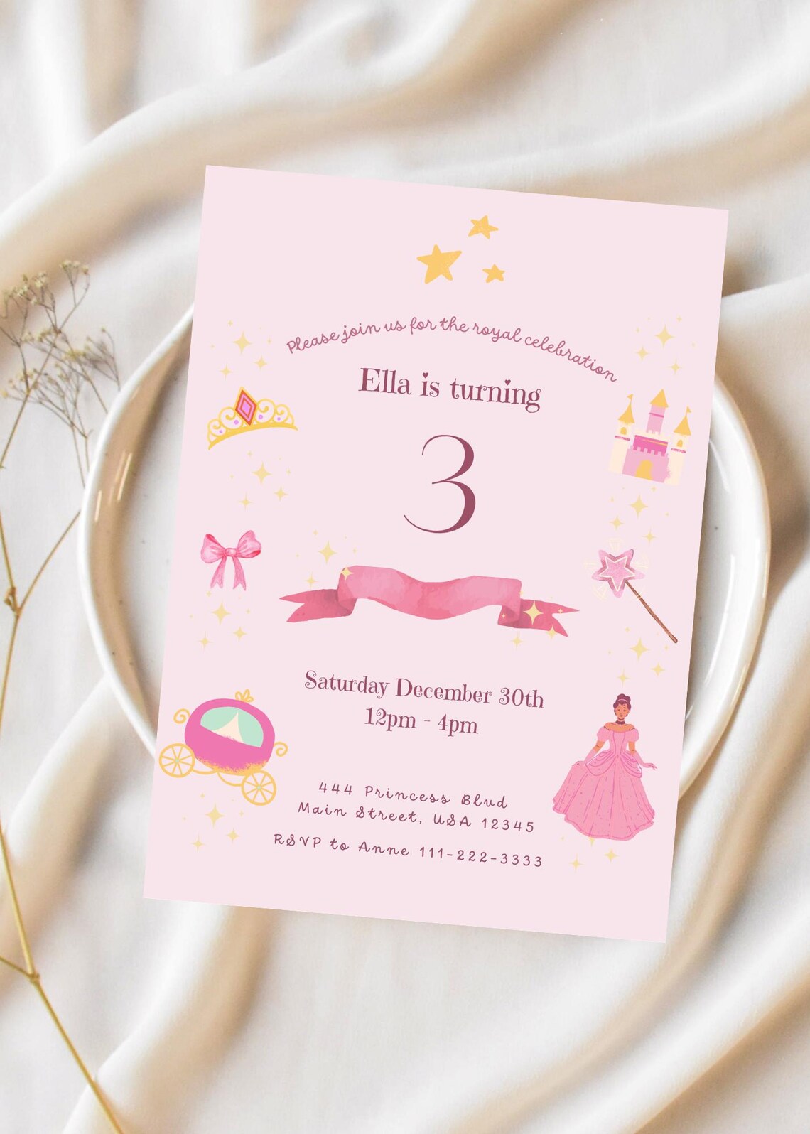 Princess Birthday Invitation • Editable Canva Template • Royal Party ...