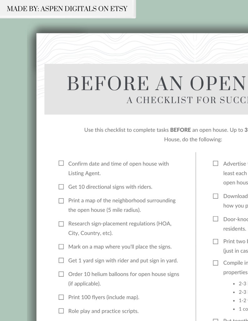 Before and Open House Checklist, Real Estate Checklist, Checklist, Open ...
