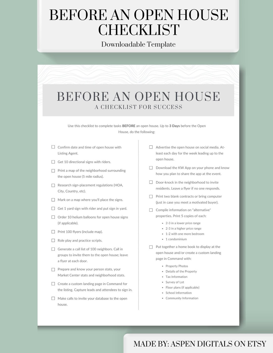 Before and Open House Checklist, Real Estate Checklist, Checklist, Open ...