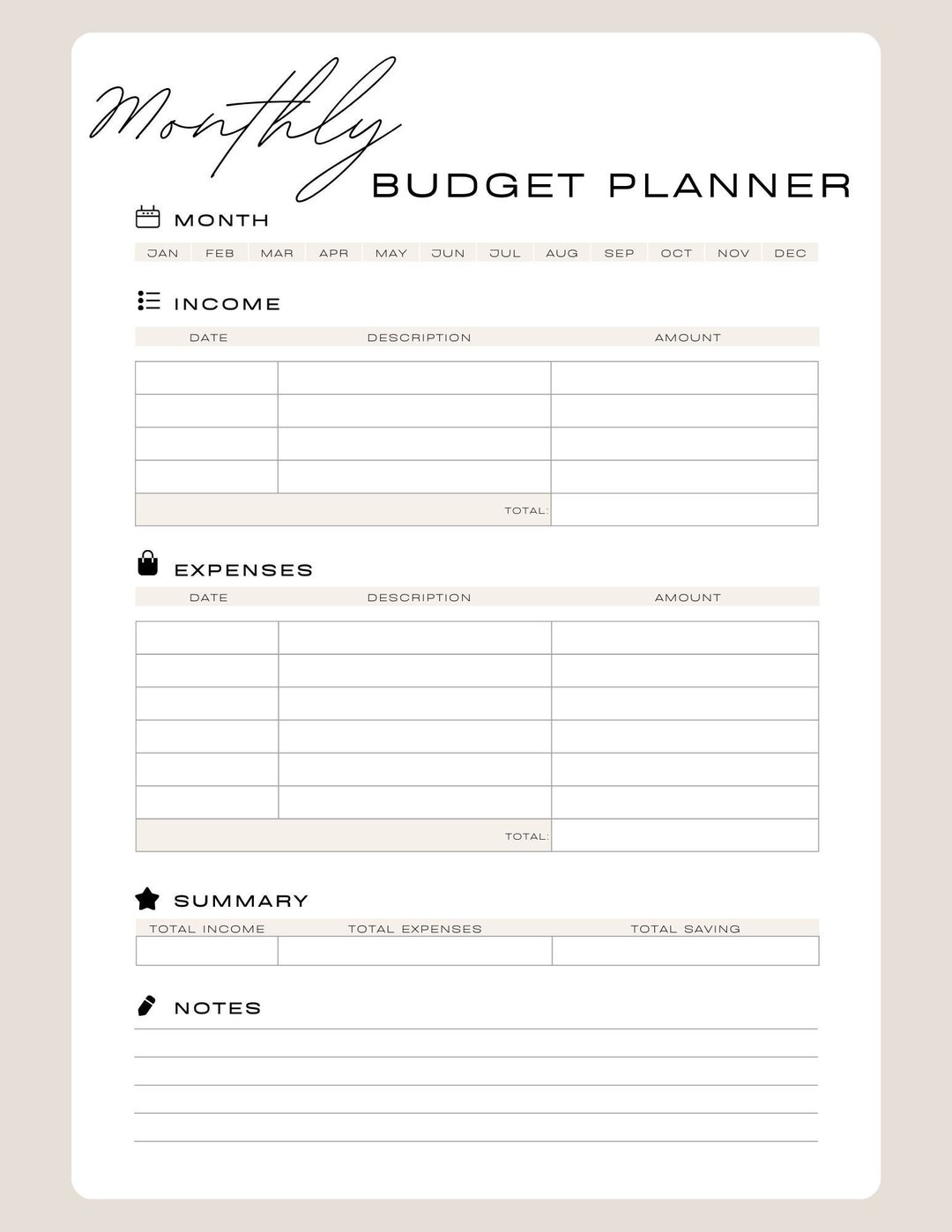 Monthly Budget Planner, Month Calendar, Month at a Glance, Printable ...