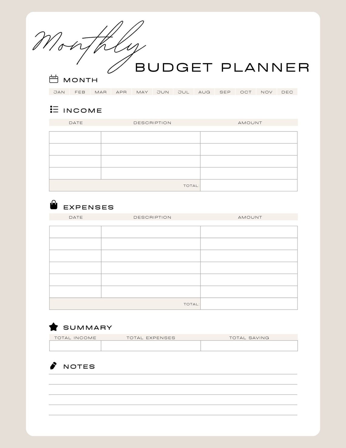 Monthly Budget Planner, Month Calendar, Month at a Glance, Printable ...