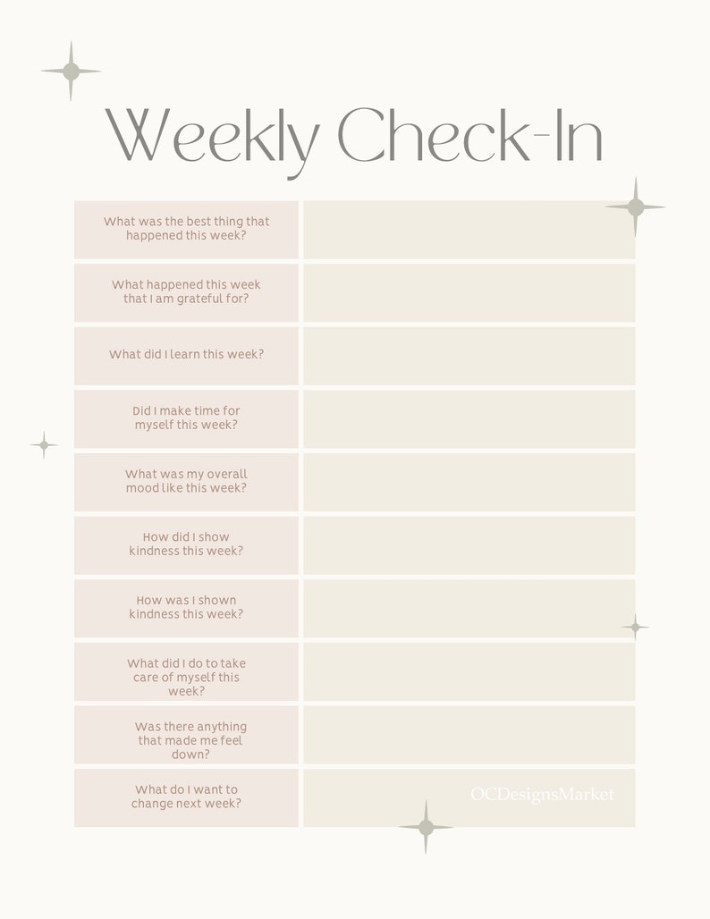 Weekly Planner Check In, Printable, Weekly Progress, Weekly Reflection ...