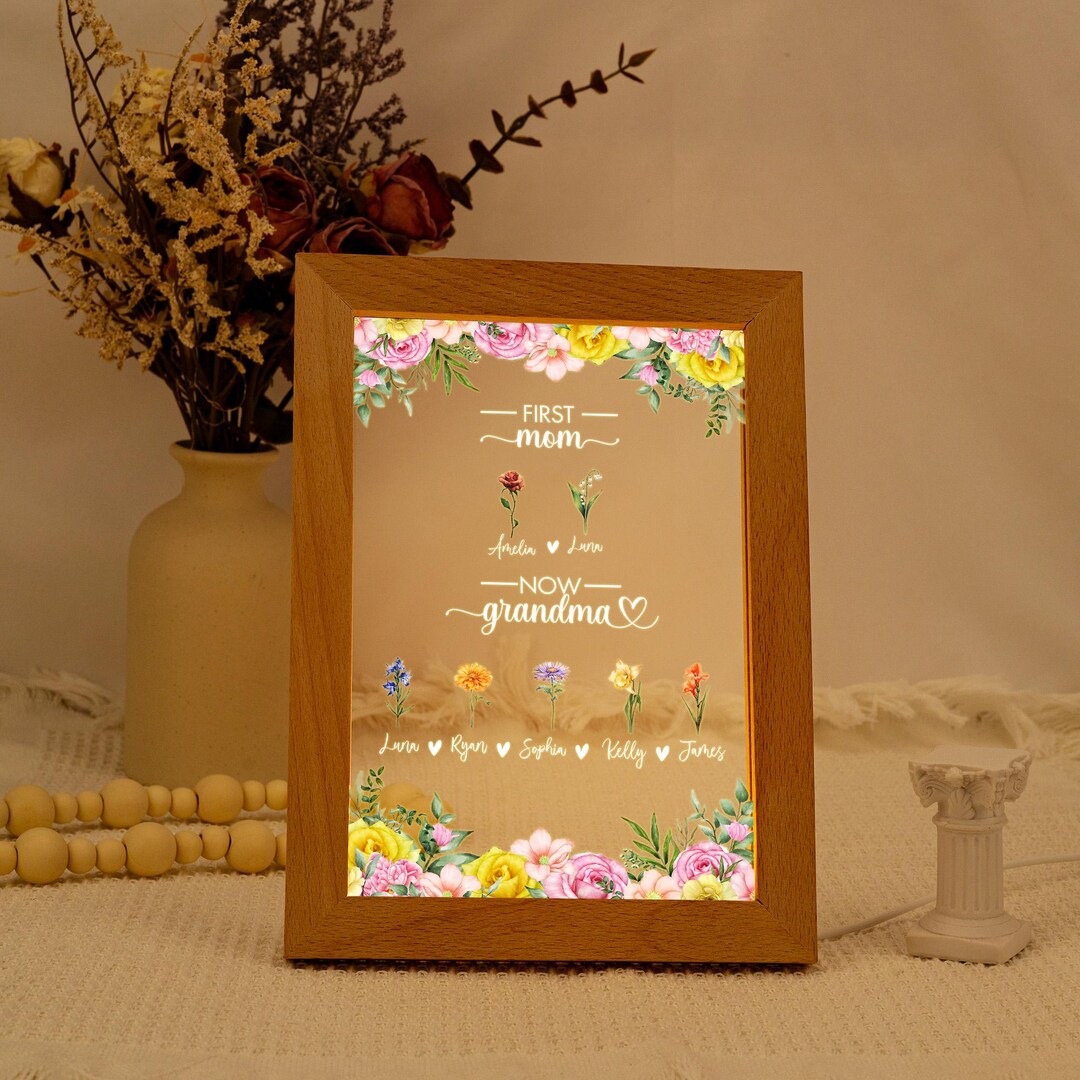 Personalized First Mom Now Grandma Frame Lamp, Birth Month Flowers Gift ...
