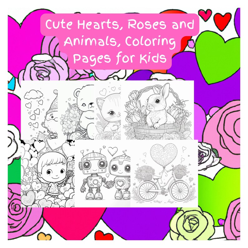 Hearts, Roses, and Animal Coloring Pages for Kids - Etsy