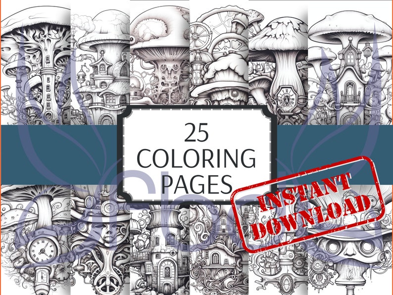 Mushroom Oddities Coloring Pages - 25 Steampunk Designs - Printable - 8 ...