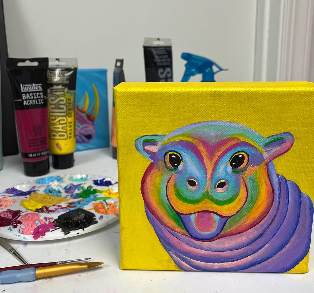 Poppy the Pygmy Hippo - 6"x6" Canvas Painting - Etsy UK