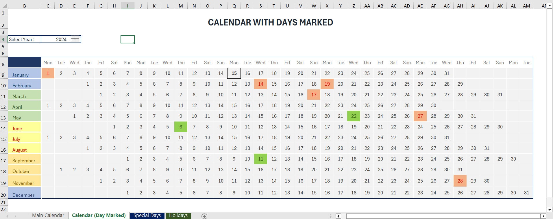 Dynamic Yearly Calendar | With Special Days and Holidays | Excel-based ...