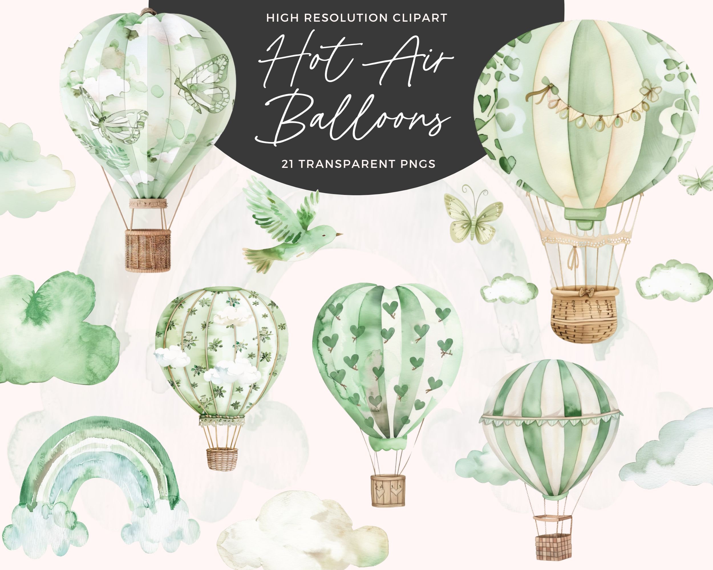 Watercolor Hot Air Balloon Clipart Green | Green Hot Air Balloons Png ...