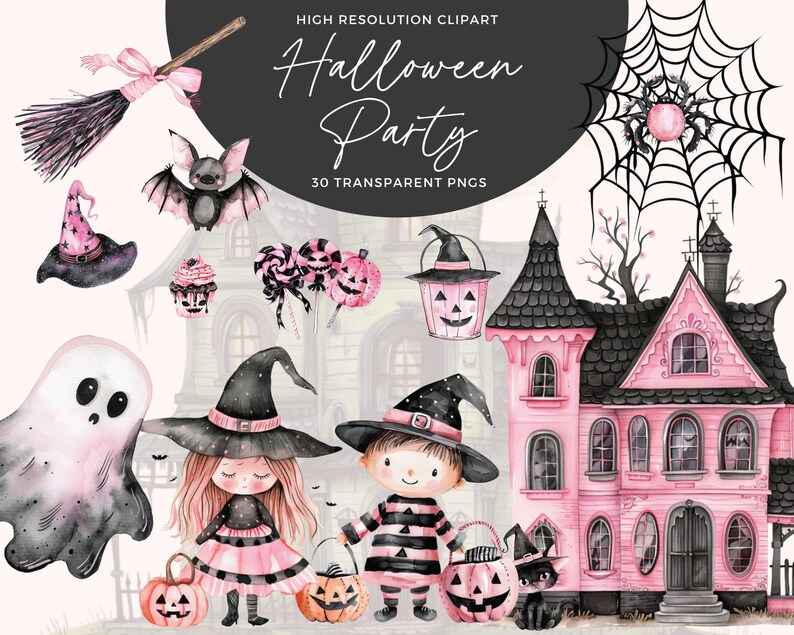 Cute Halloween Clipart Bundle | Watercolor Halloween Clipart | Pink ...