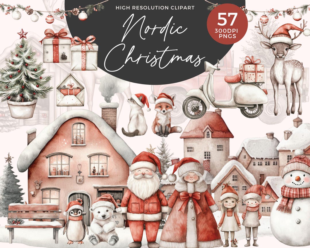 Nordic Santas Village Clipart | Watercolor Neutral Christmas Clipart ...