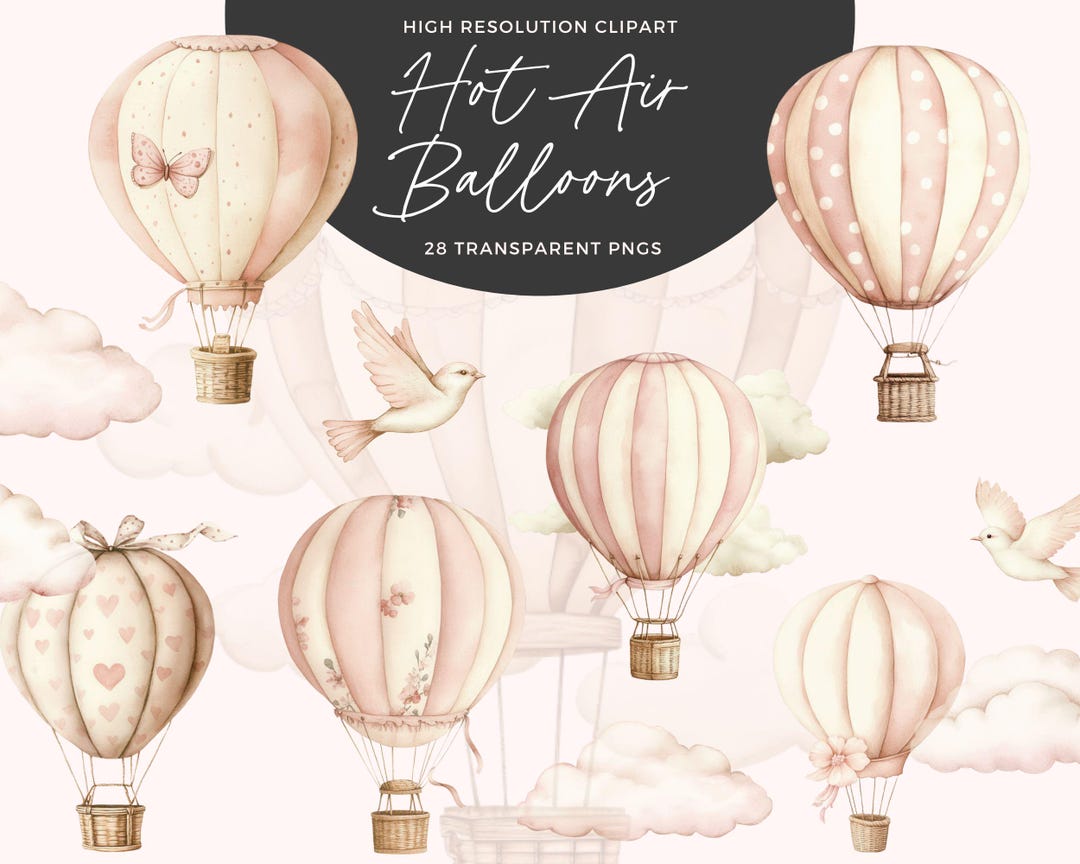 Watercolor Hot Air Balloon Clipart Pink | Pink Hot Air Balloons Png ...