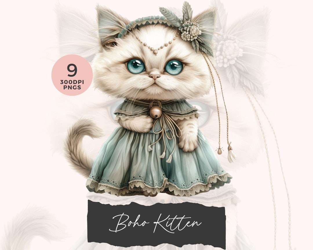 Boho Kitten in A Dress Clipart | Cat Dress Clipart | Kitten Sublimation ...
