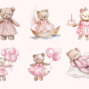 Watercolor Pink Teddy Bear Clipart | Watercolor Baby Shower Clipart ...