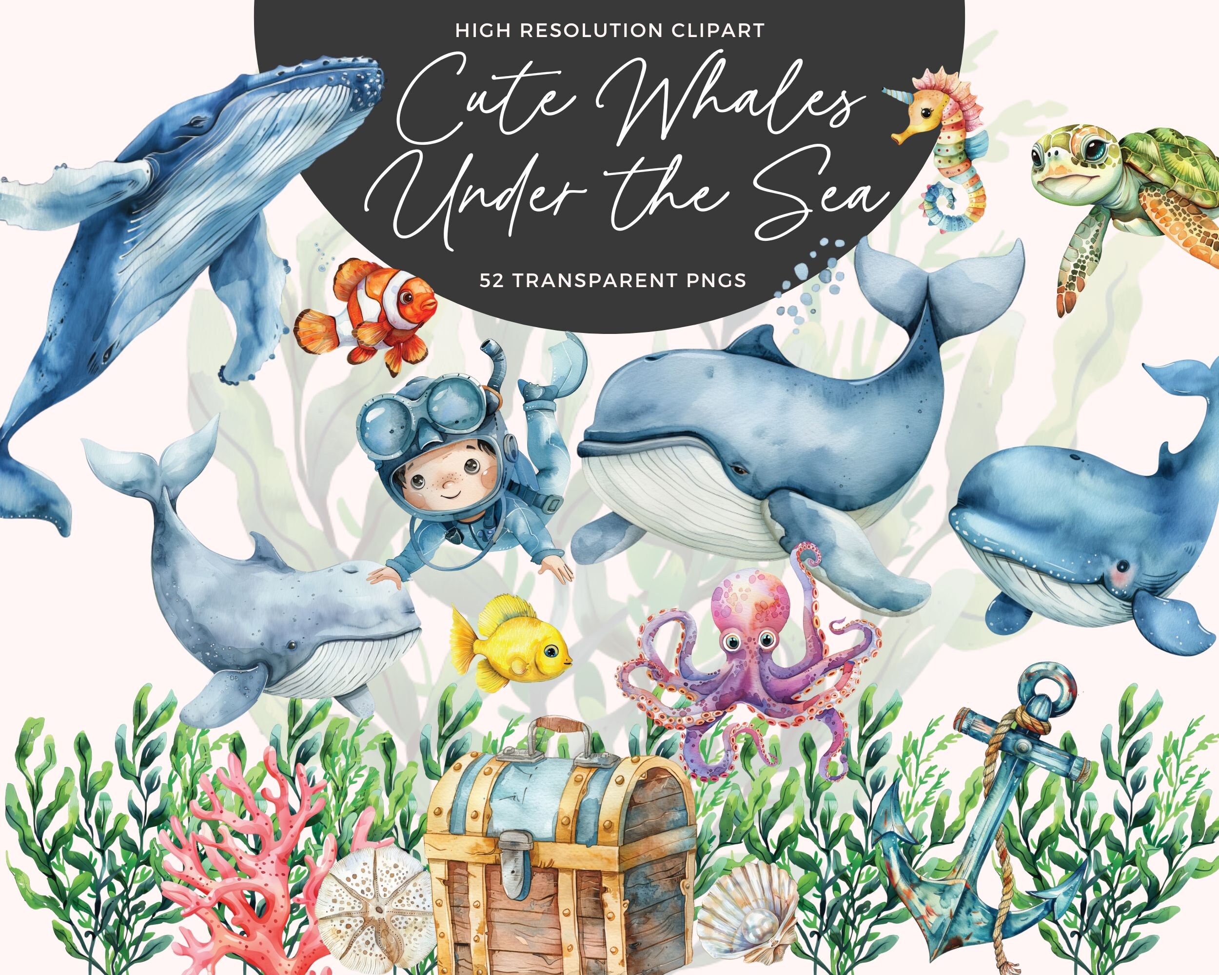 52 Watercolor Whale Clipart Sea Animal Blue Whale Whale Illustration ...