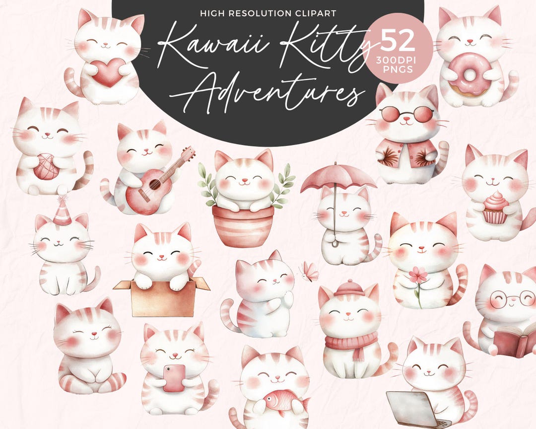 Kawaii Cats Clipart Bundle | Cute Cat Clipart | Cute Kitten Clipart ...