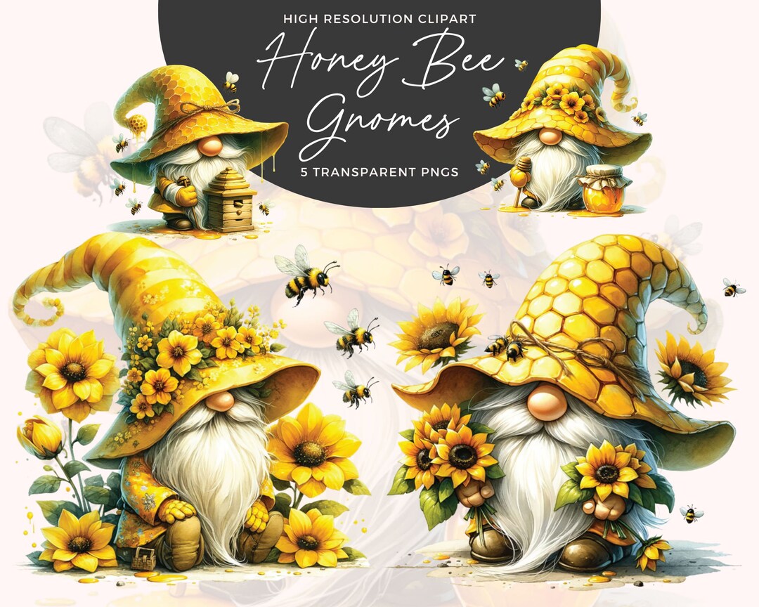 Gnome Honey Bee Clipart | Gnome With Sunflower | Spring Gnome Clipart ...