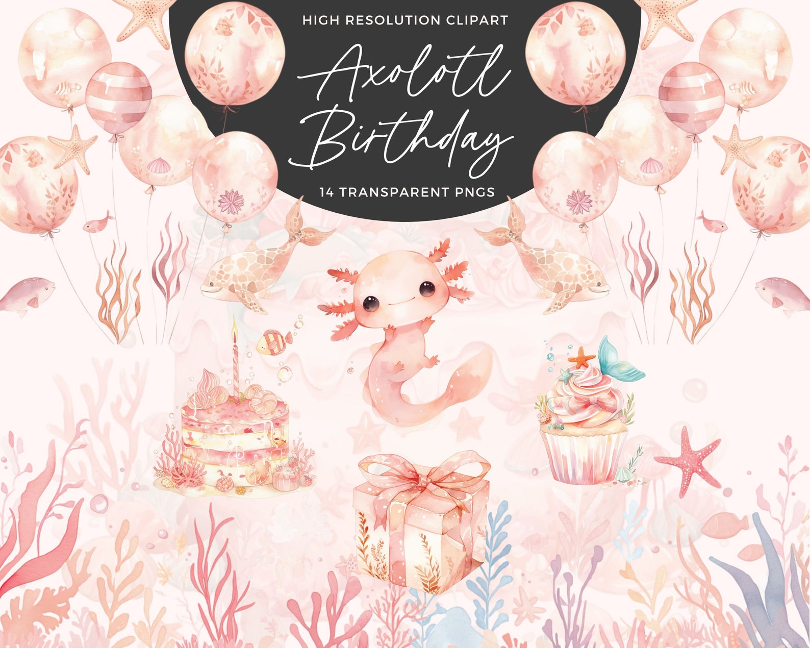 Axolotl Birthday Clipart | Cute Axolotl Clipart | Sea Animal Graphics ...