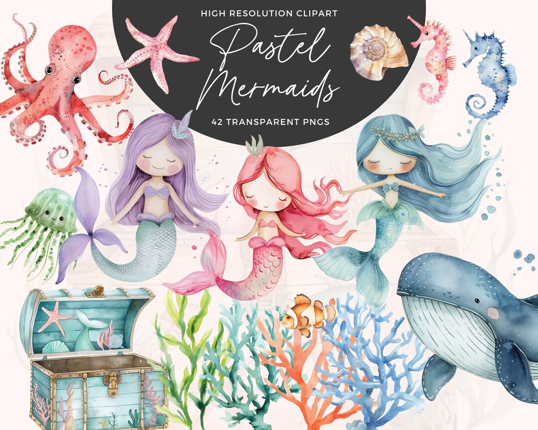Watercolor Mermaid Clipart Pastel Pastel Mermaid Graphics Cute Mermaid ...