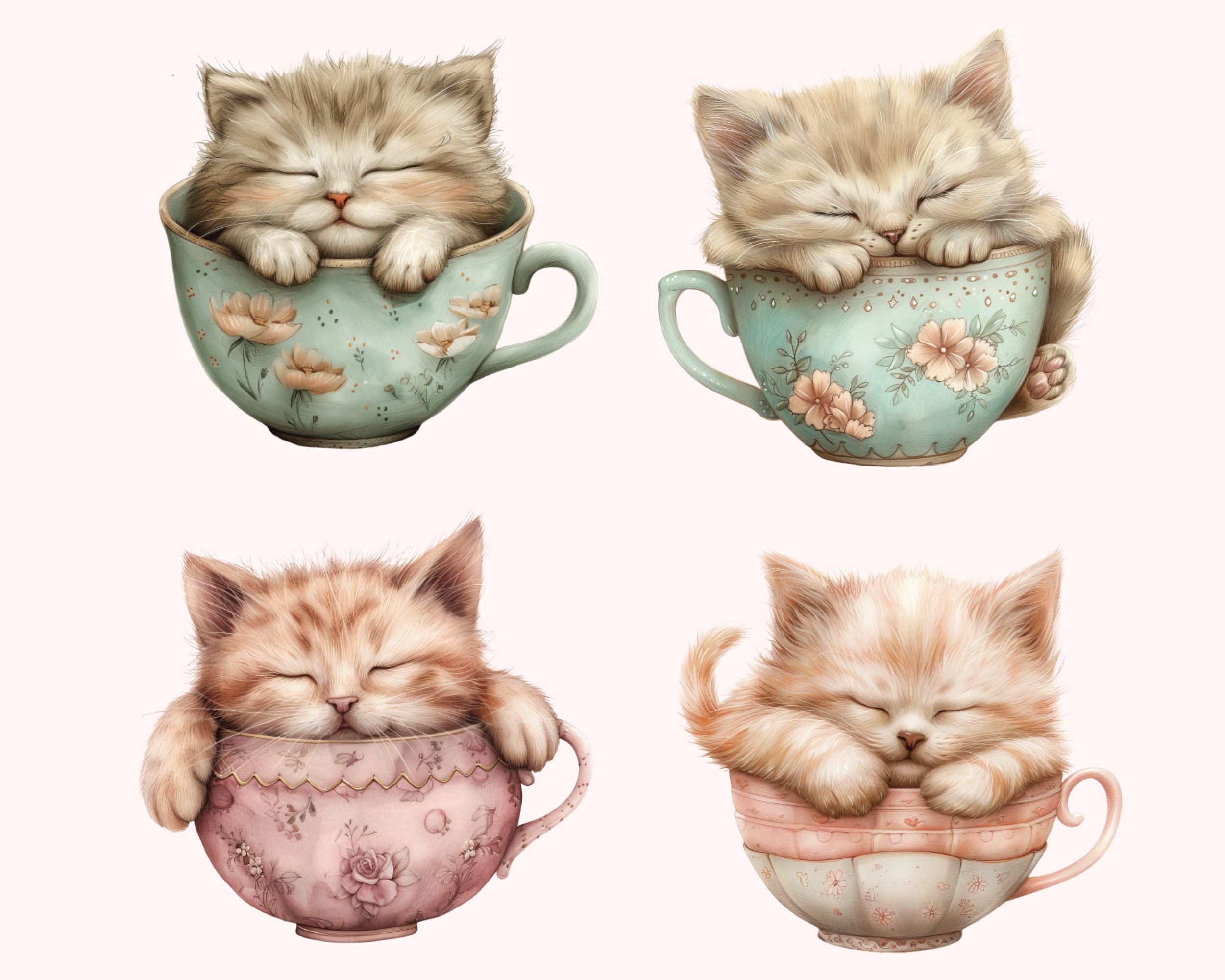 Cute Kittens in Teacups Clipart Bundle Watercolor Kitten Clipart ...