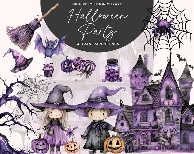 Spooky Purple Halloween Clipart Bundle, 24 Pngs, Transparent Background ...