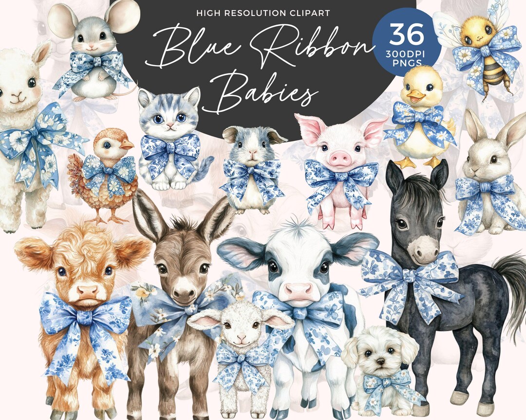 Watercolor Little Farm Animal Clipart | Blue Preppy Bows | Baby Wall ...