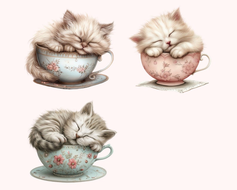 Cute Kittens in Teacups Clipart Bundle Watercolor Kitten Clipart ...