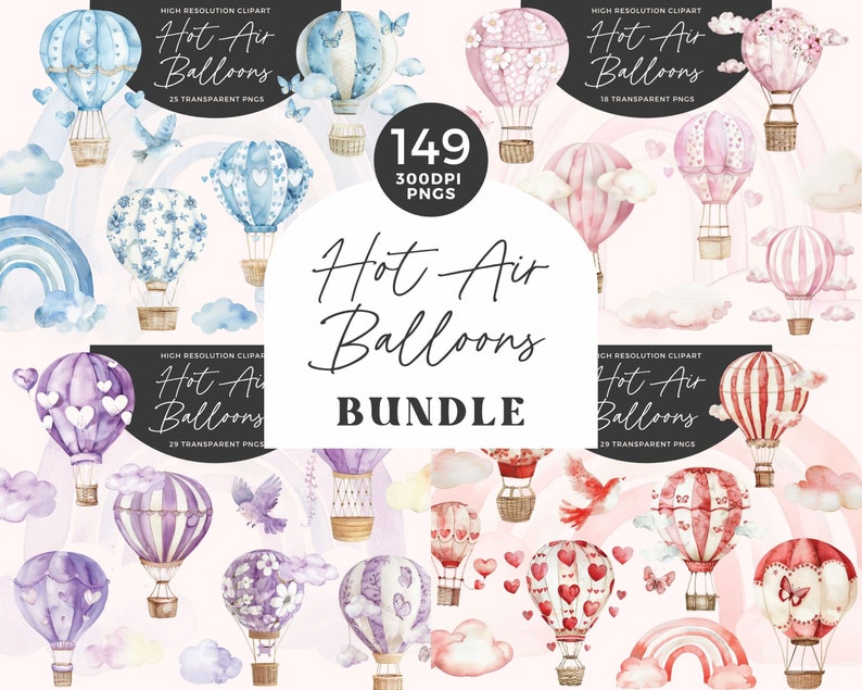 Watercolor Hot Air Balloon Clipart Pink | Pink Hot Air Balloons Png ...